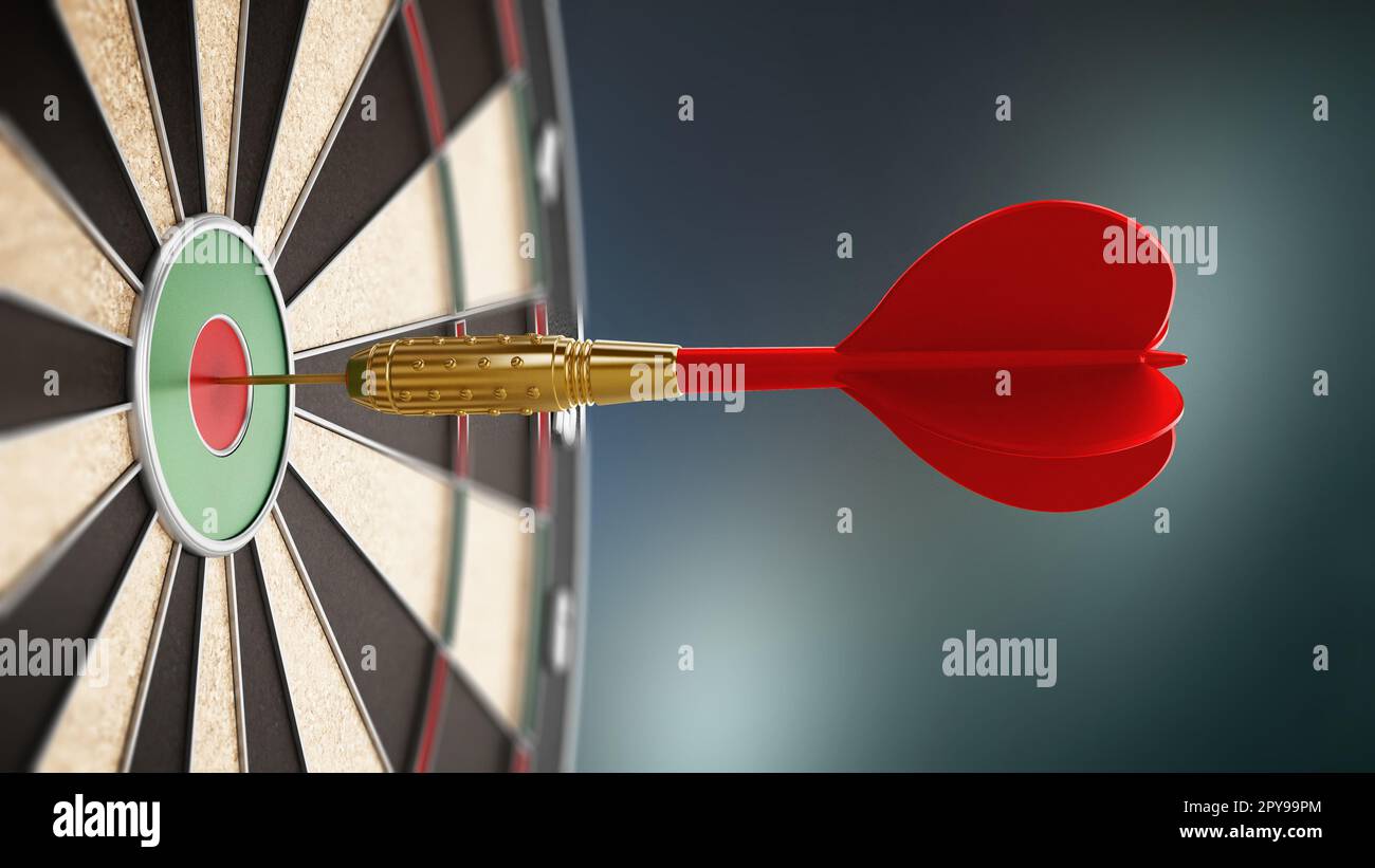 Dart needle hit at the center of the dartboard. Success concept. 3D ...