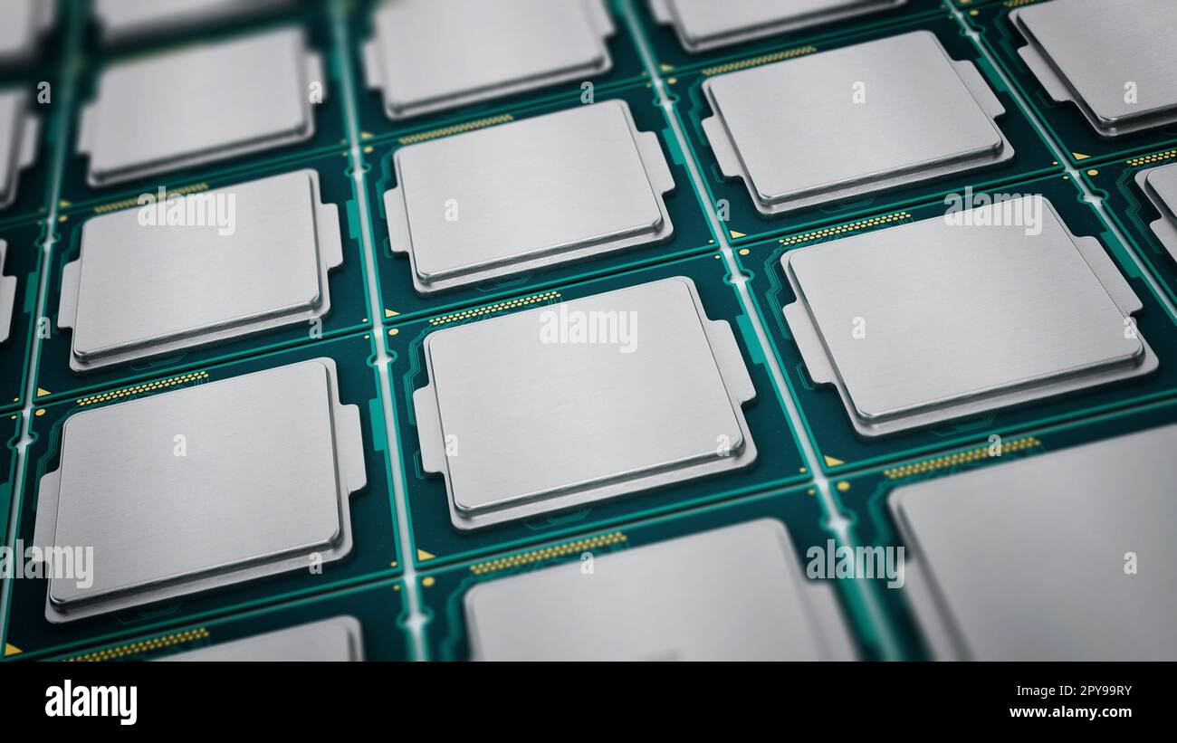 CPUs (central processing units) in a row. 3D illustration Stock Photo ...