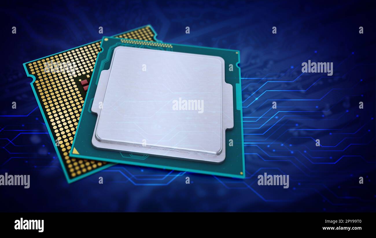 CPUs (central processing units) on blue background. 3D illustration ...