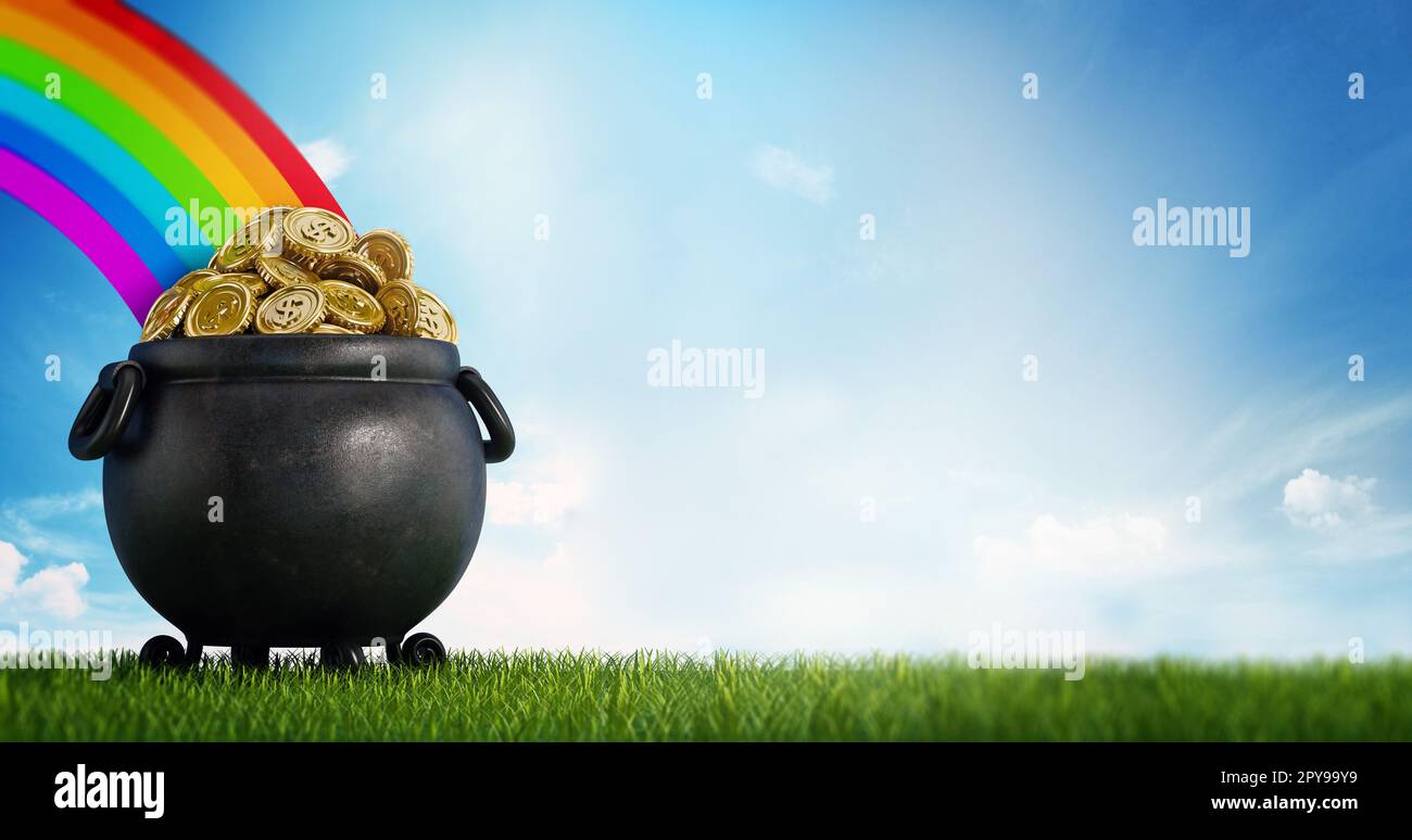Pot of gold at the end of the rainbow. Copy space on the right. 3D ...