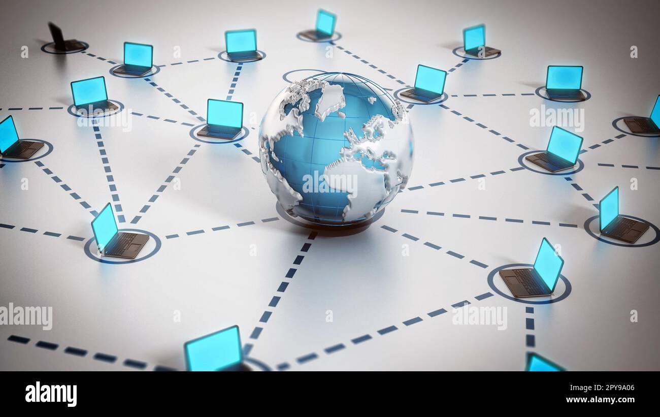 Global computer network connecting a globe and laptop computers. 3D ...