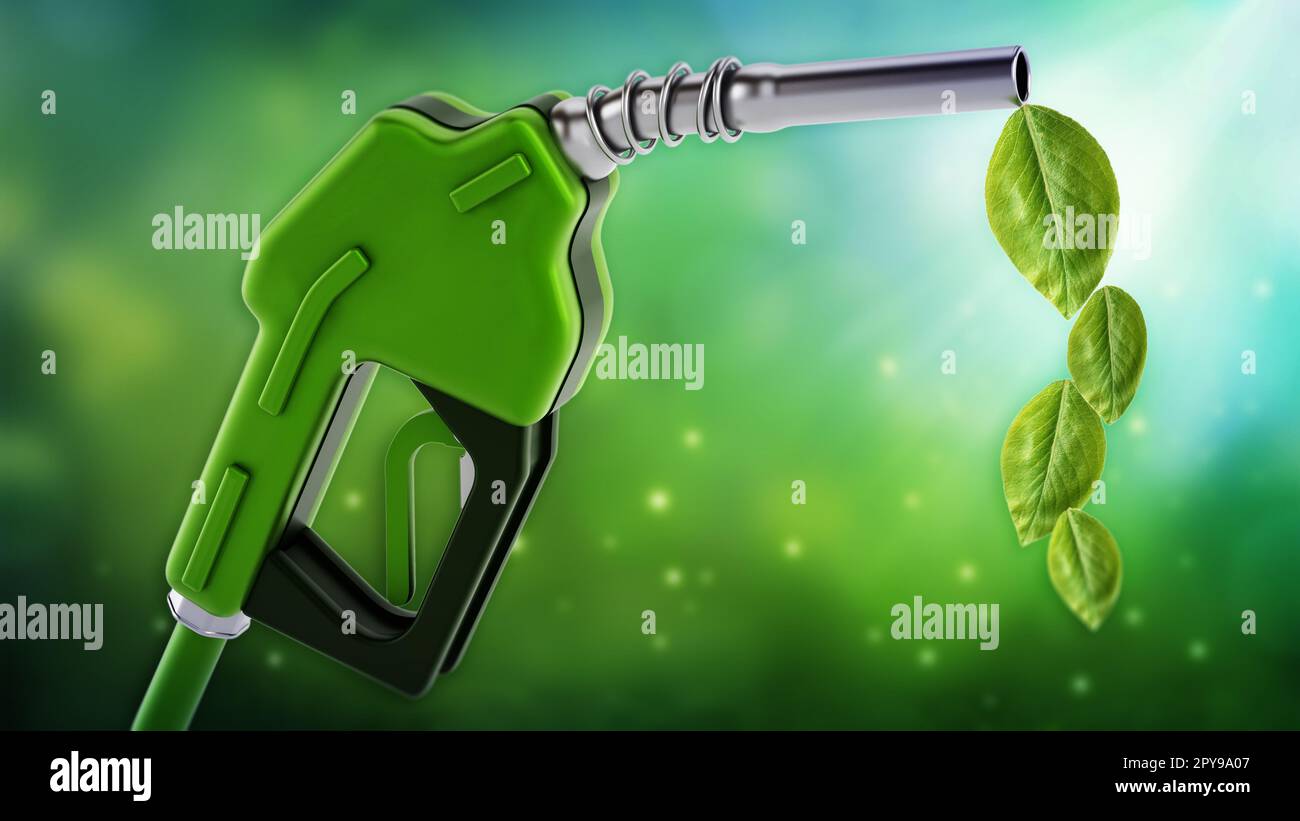 Green gas pump with leaves on nature background. 3D illustration Stock ...
