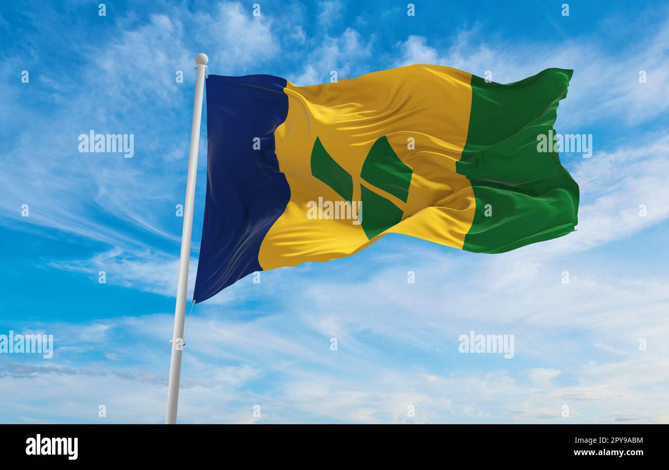 flag of English Creole peoples Vincentians at cloudy sky background ...