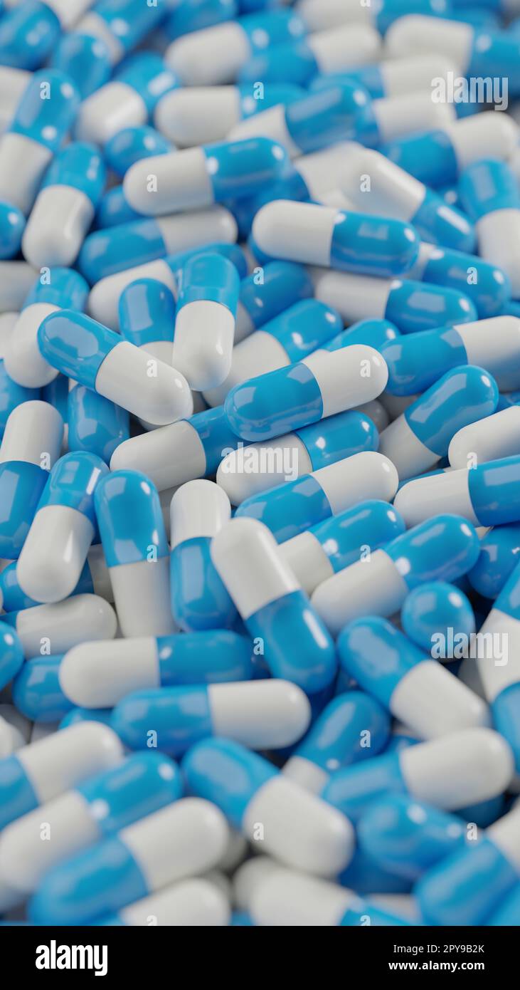 Bunch of blue white capsule pills on a white background - Medicine ...