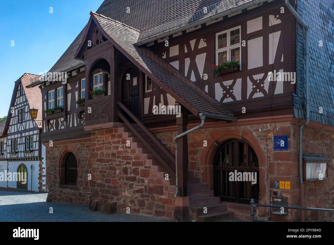 Bay window on the half-timbered facade of the town hall, Dorrenbach ...