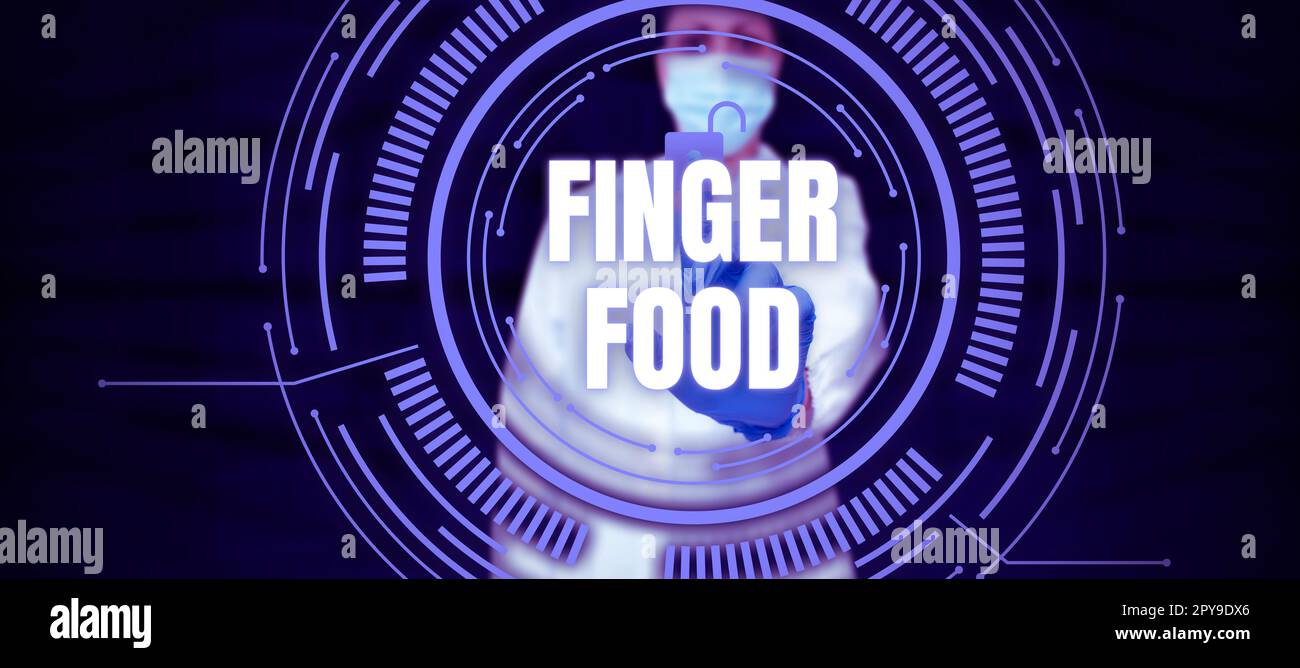 Text showing inspiration Finger Food. Word for products and digestives ...