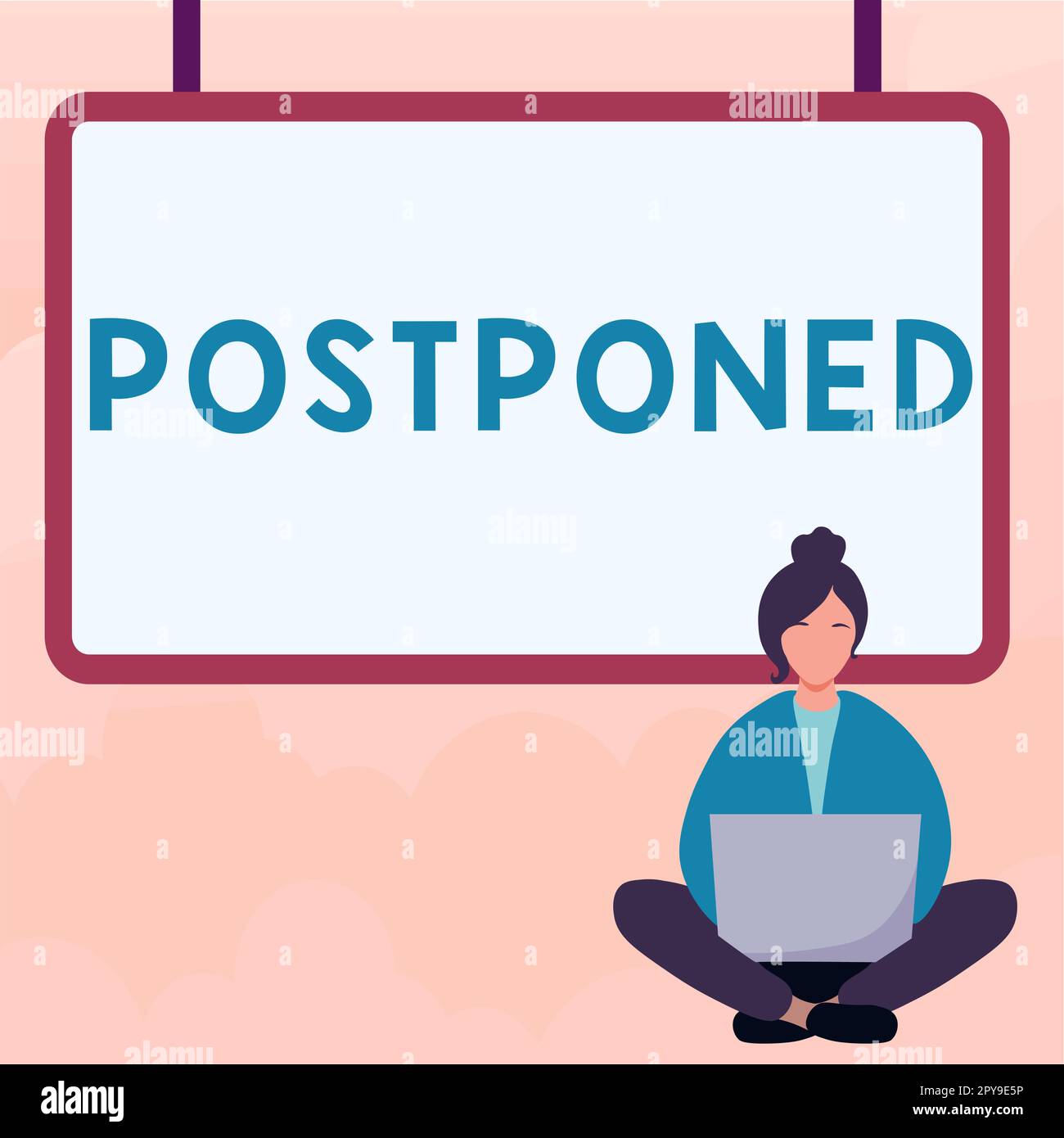 Text sign showing Postponed. Business overview to place later in order ...