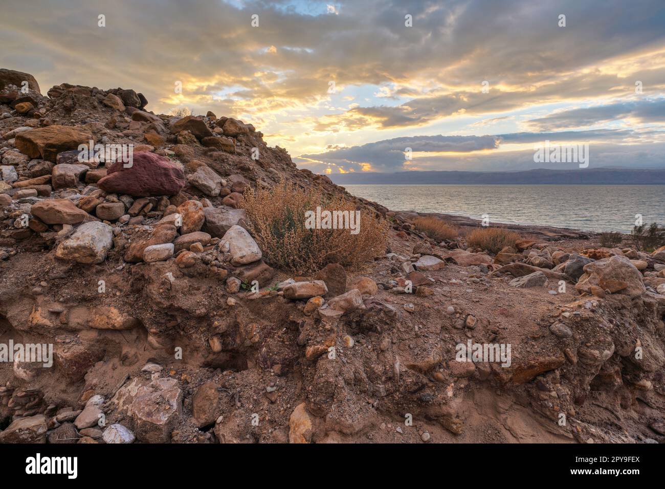 Dead sea shore at Jordan side, dry sand and rocks beach, sunset sky ...