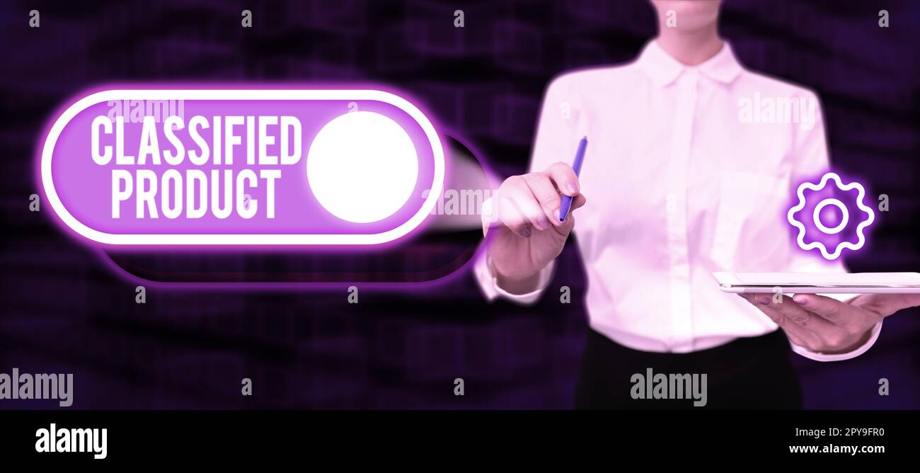 Sign displaying Classified Product. Concept meaning Sensitive Data Top ...