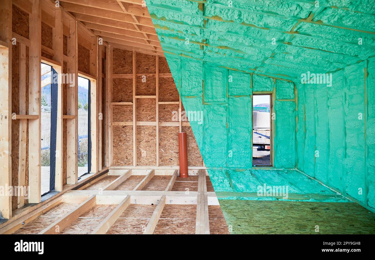 Photo collage before and after thermal insulation room in wooden frame ...