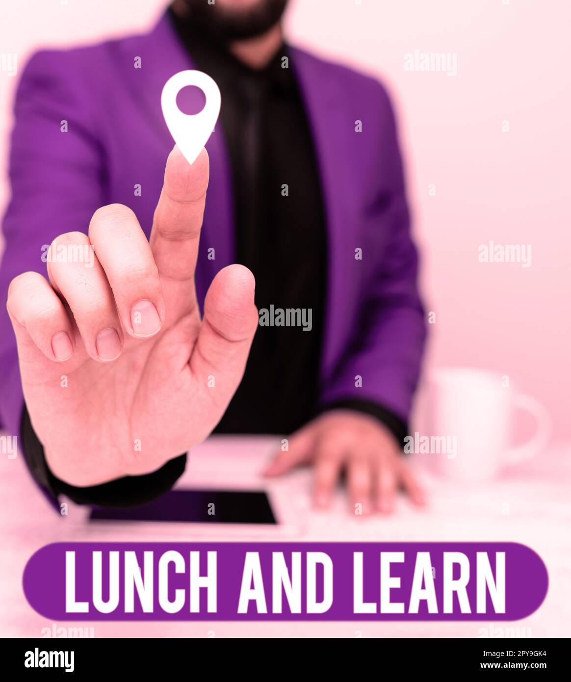 Writing displaying text Lunch And Learn. Business overview Have meal ...