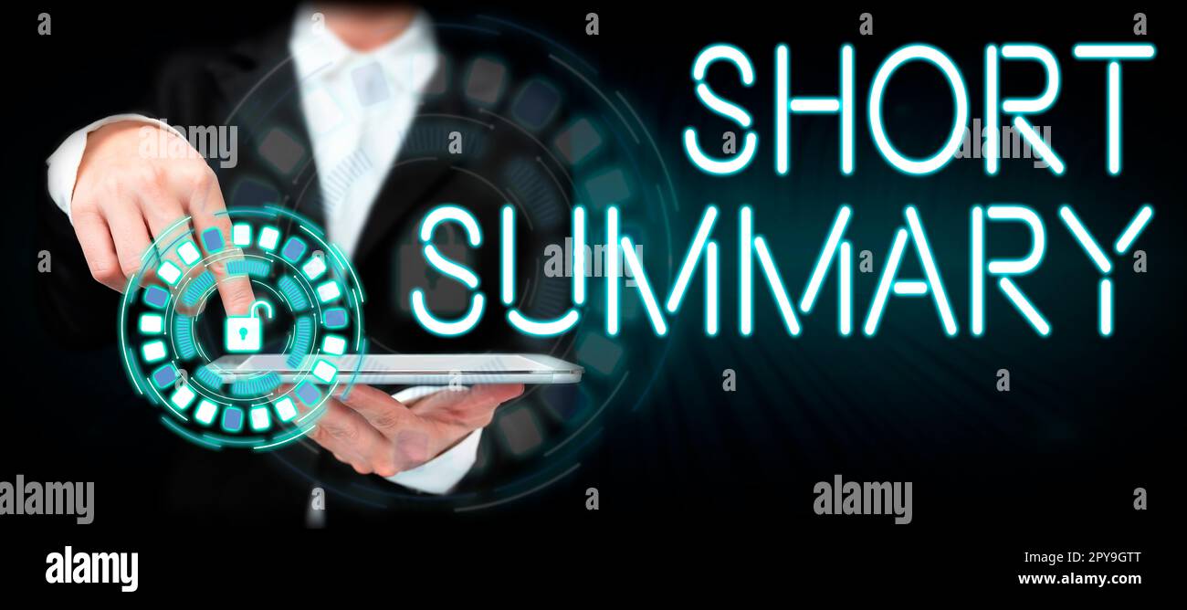 Sign displaying Short Summary. Word Written on Brief statement of main points clear Stock Photo ...