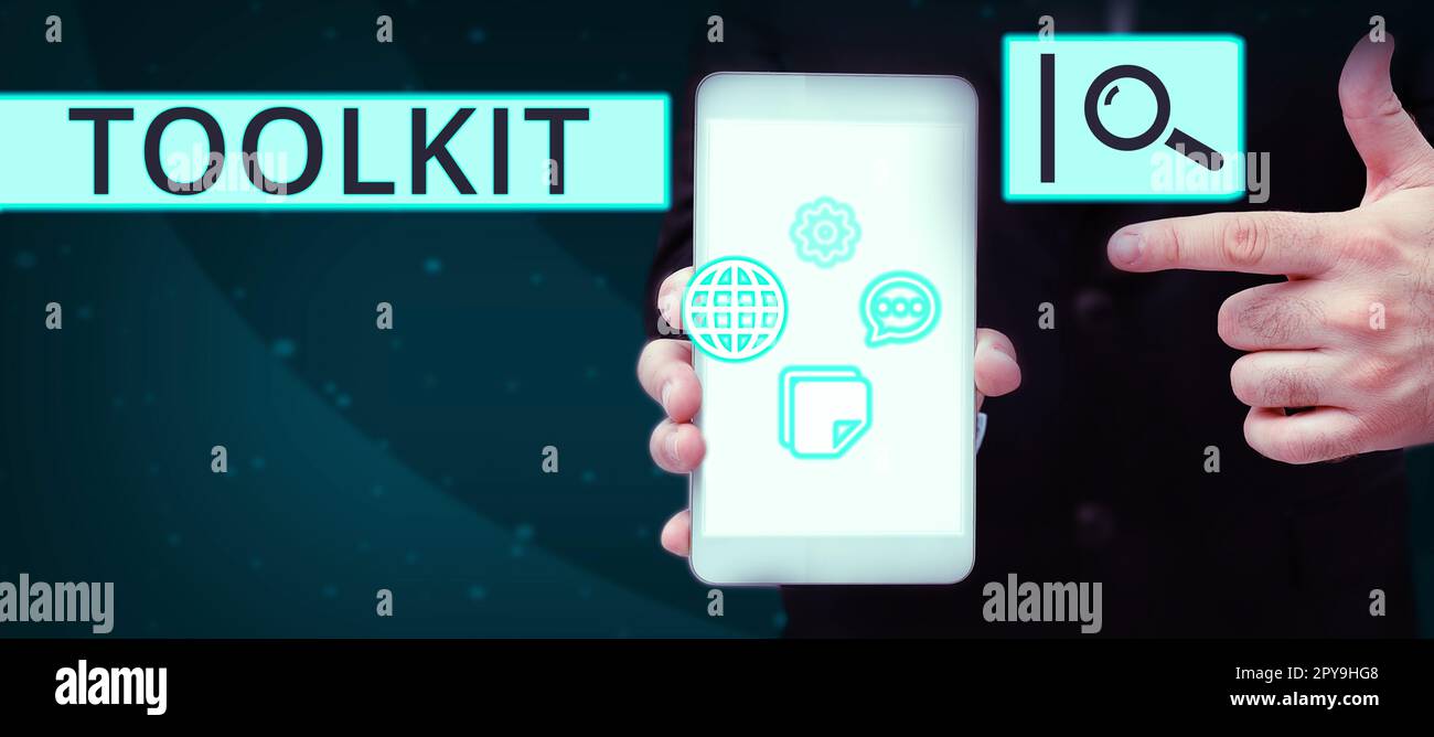 Conceptual caption Toolkit. Business showcase set of tools kept in a ...