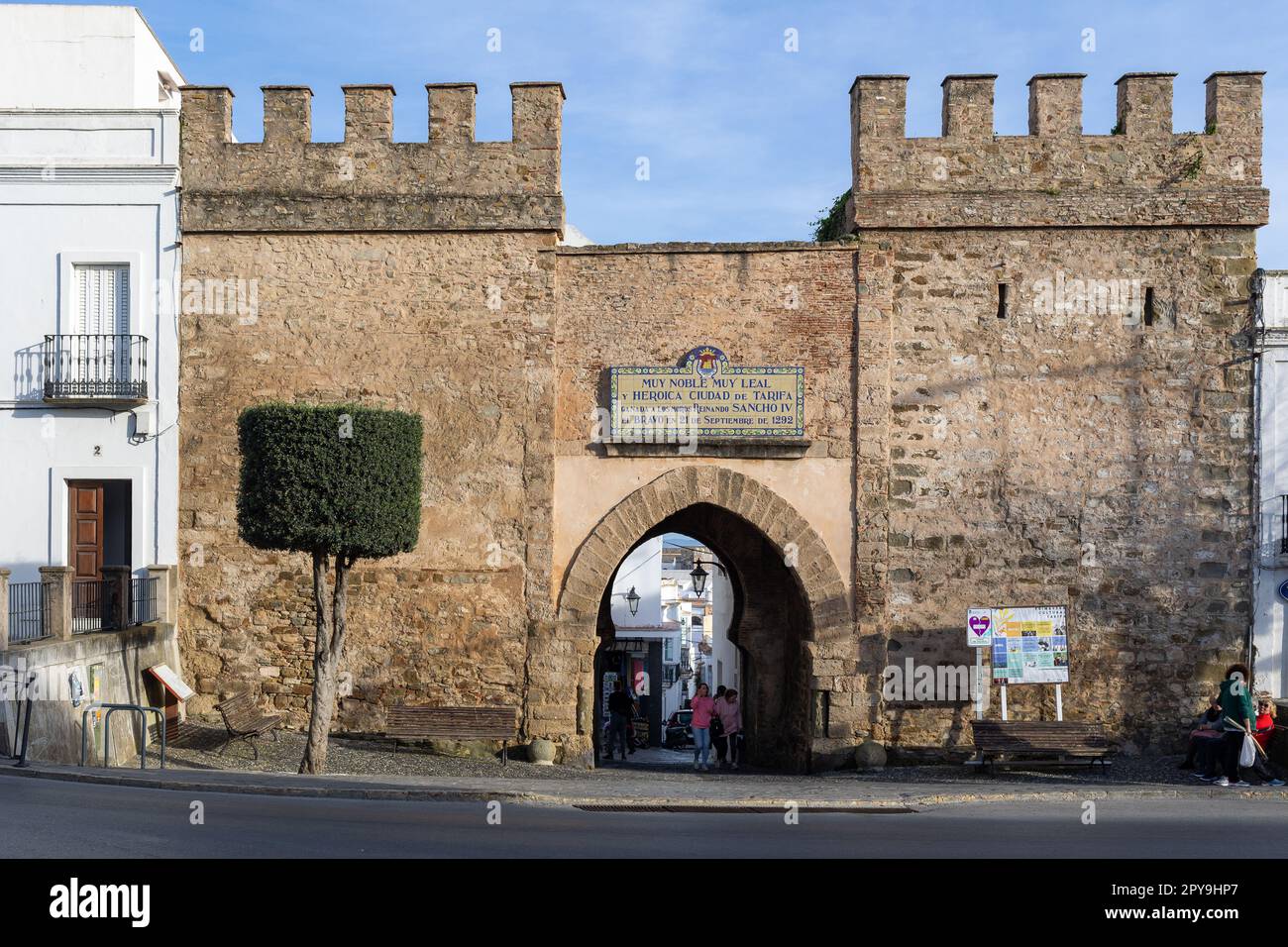 The historic city gate to old town Tarifa, Andalusia, Spain Stock Photo ...