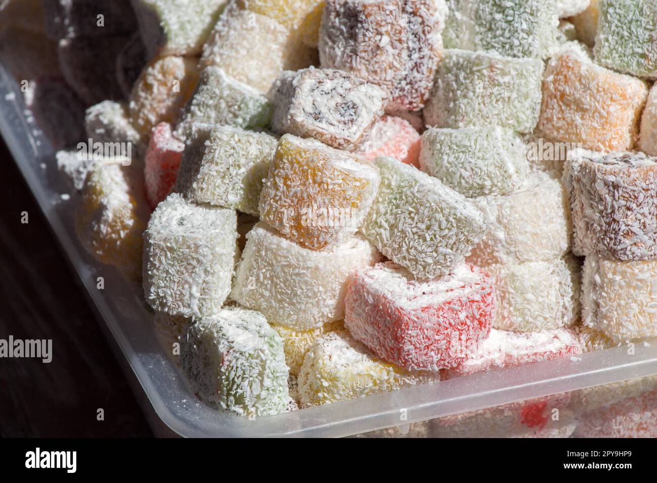 Delicious Turkish delight placed in a metal tray Stock Photo - Alamy