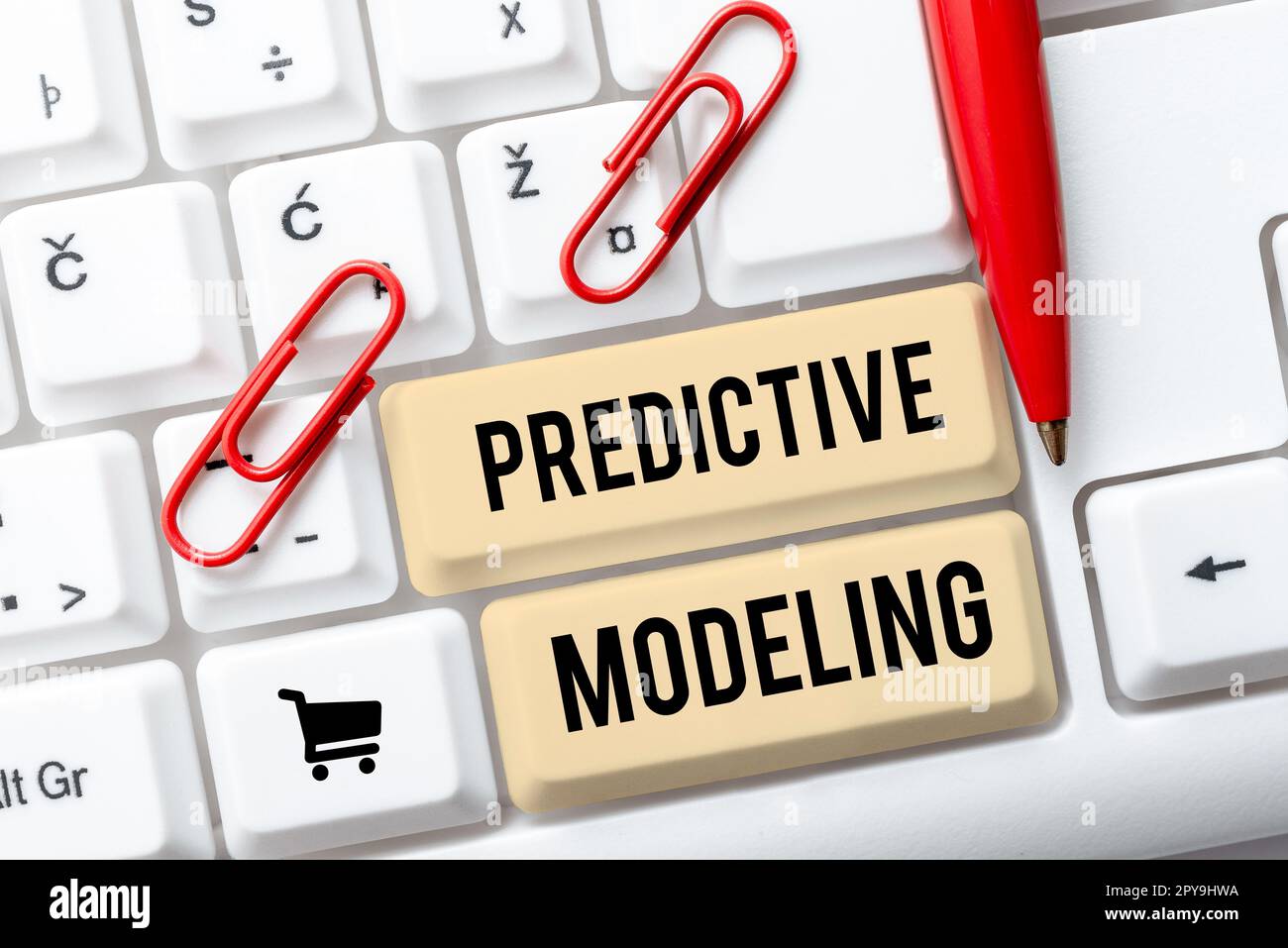 Hand writing sign Predictive Modeling. Business showcase maintenance strategy driven by ...