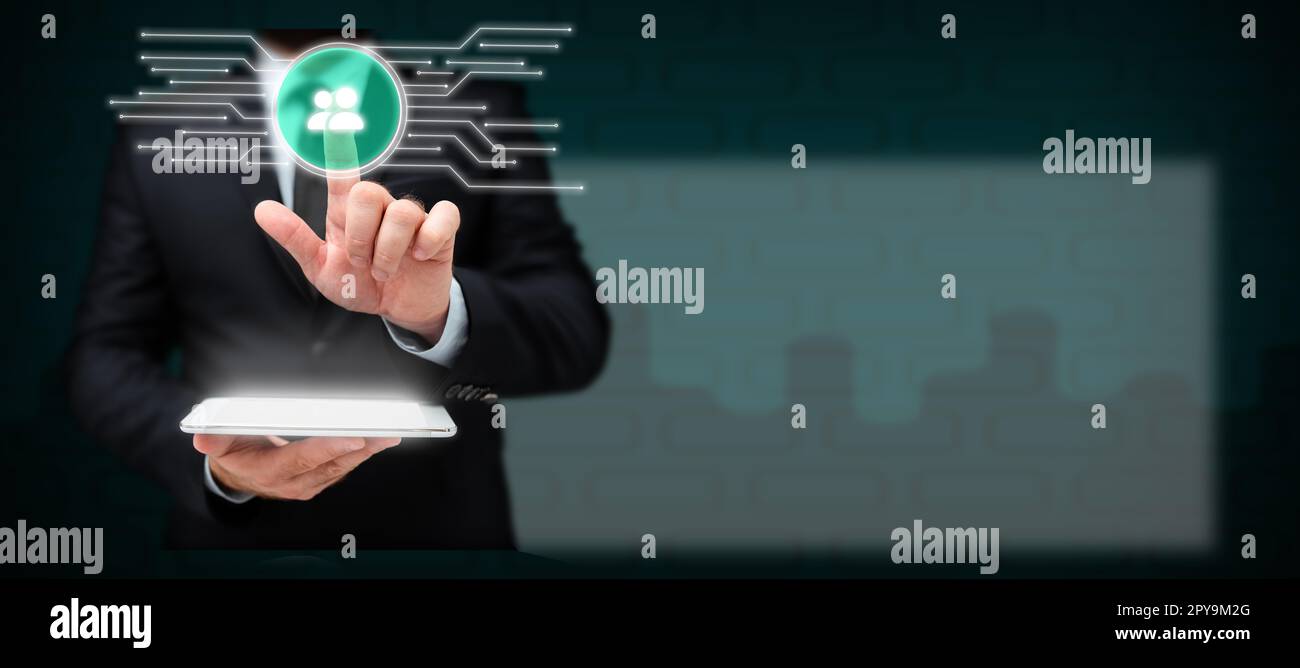 Man in office suit holding tablet and press virtual button with finder ...
