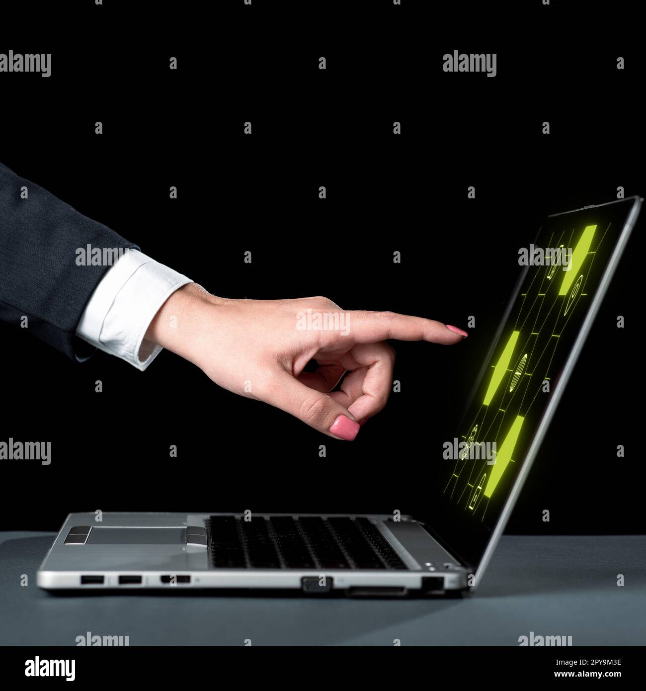 Finger pointing to laptop screen with important technology news. Businesswoman pressing virtual ...