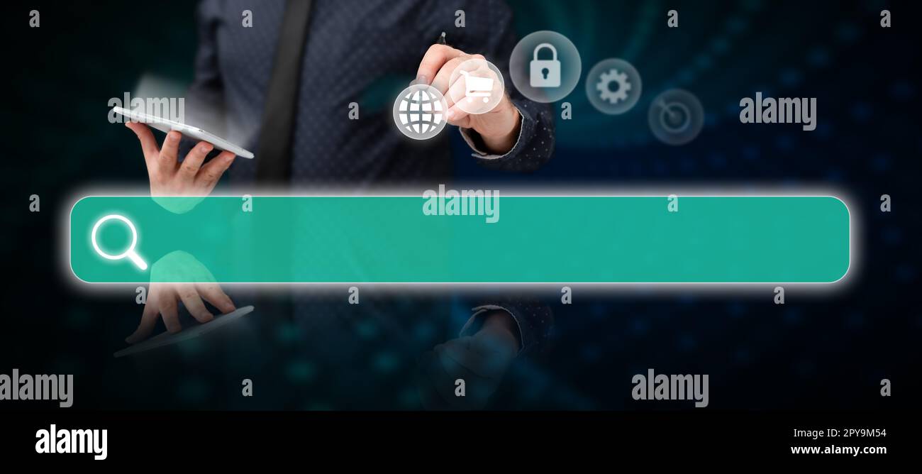 Businessman in office suit holding tablet and pen. Written virtual text ...