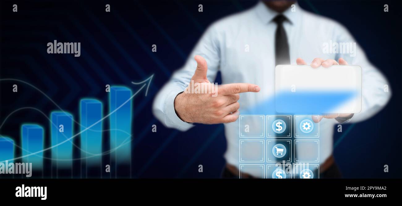 Businessman holding Mobile Phone Pointing to Screen Showing The main ...