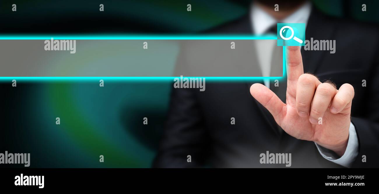 Man in office suit holding tablet and press virtual button with finder ...