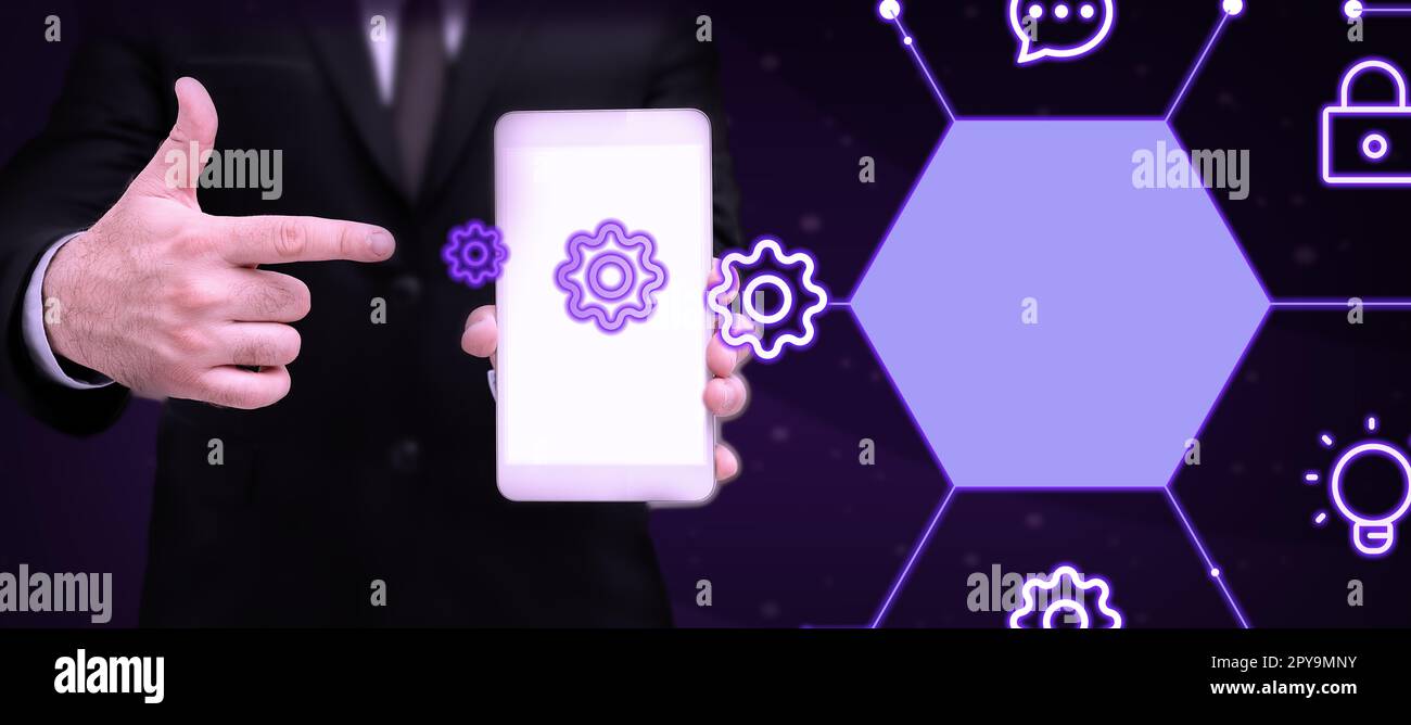 Man holding Mobile Phone Pointing to Screen Showing The Futuristic ...