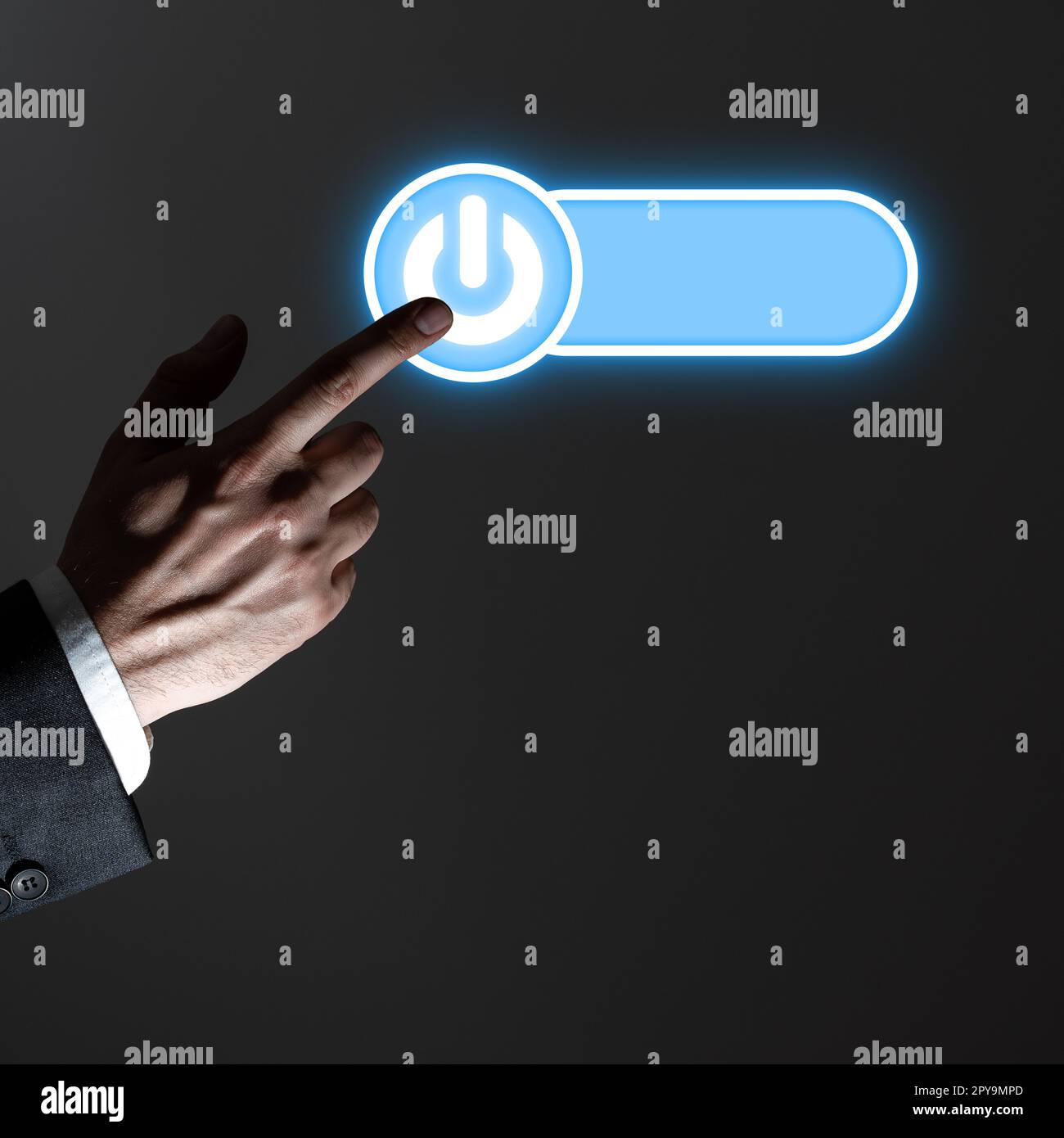 Finger pressing virtual button. Futuristic style image with colored ...