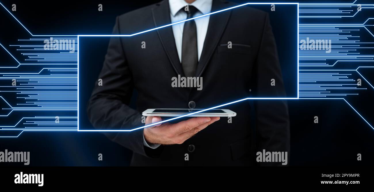 Man in suit holding tablet with one hand. Glow going from device ...