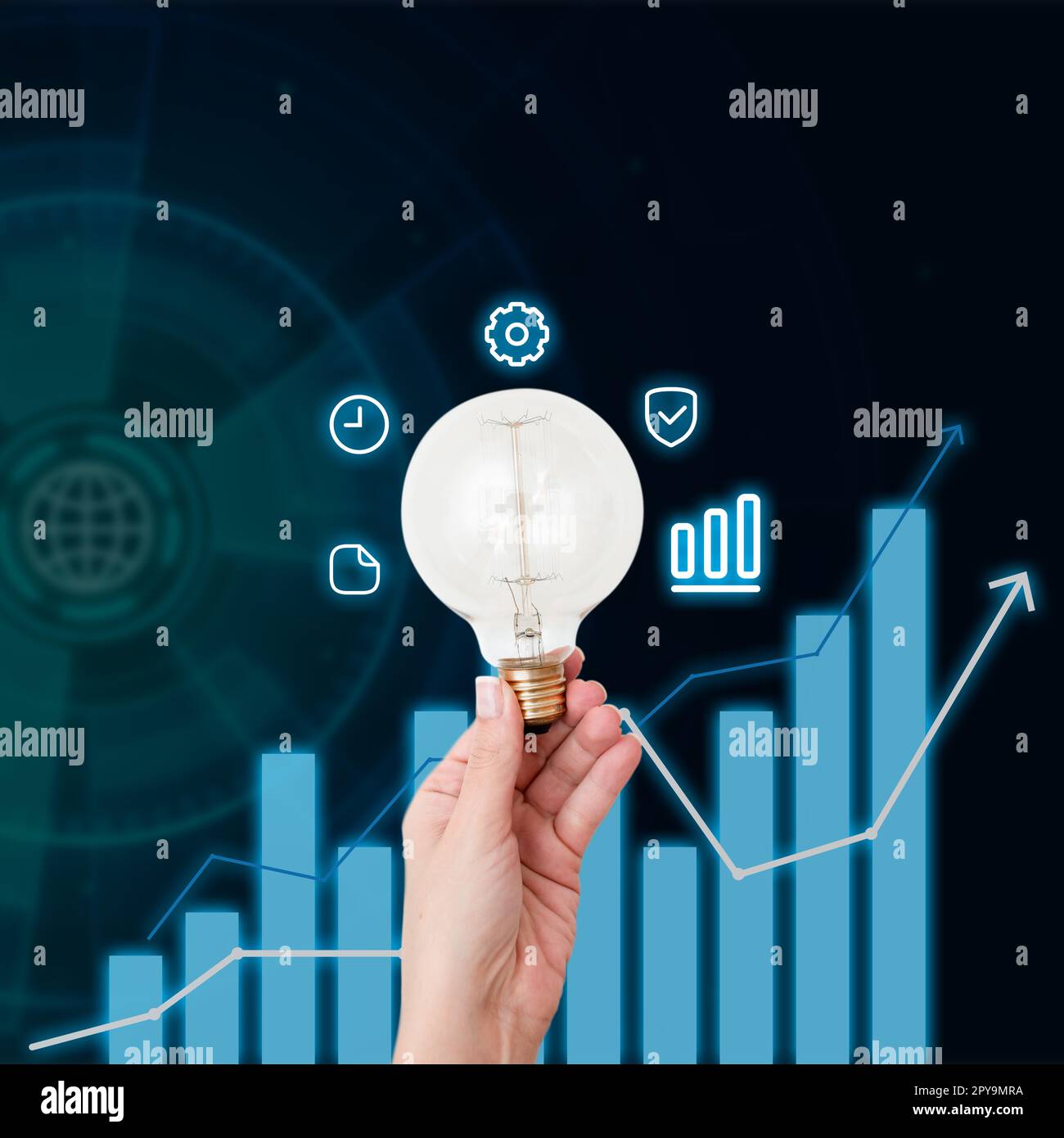 Hand Holding bulb presenting New Futuristic Technologies. Palm Carrying ...