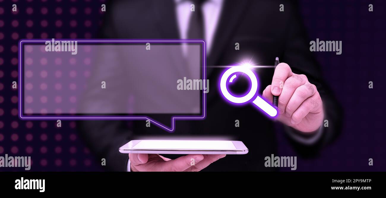 Businessman in office suit holding tablet and pen. Written virtual text ...