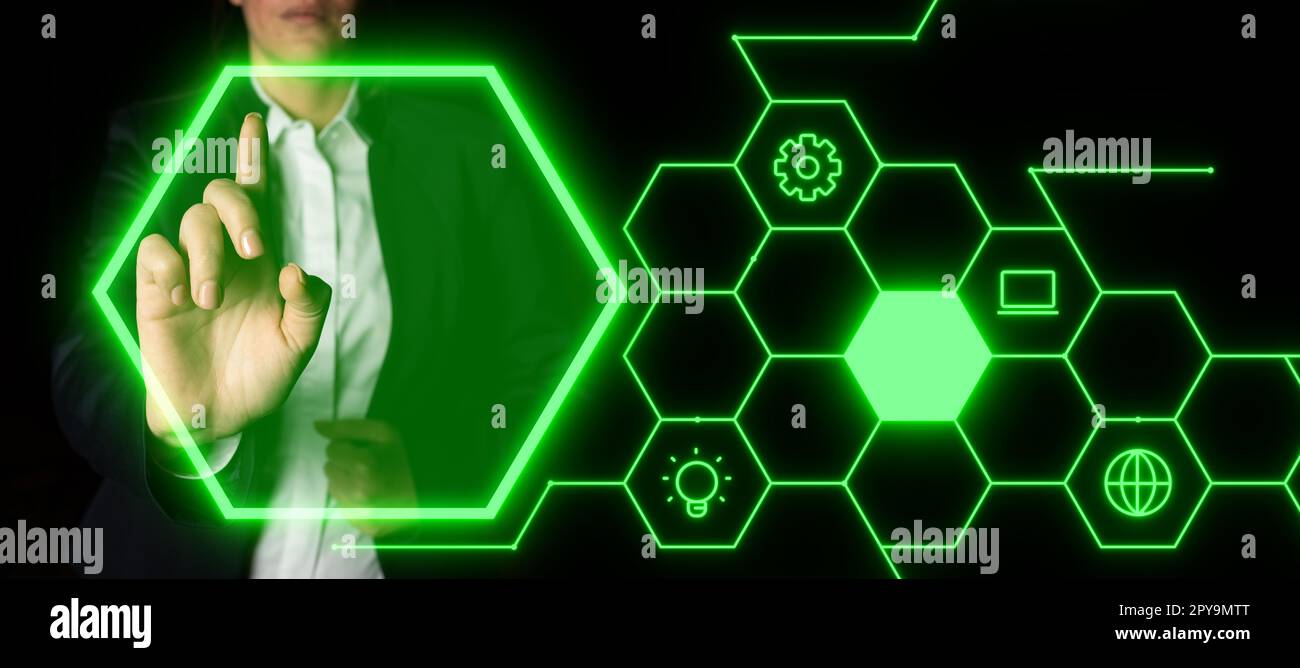 Lady In Suit Standing pressing On virtual button. Woman In Suit ...