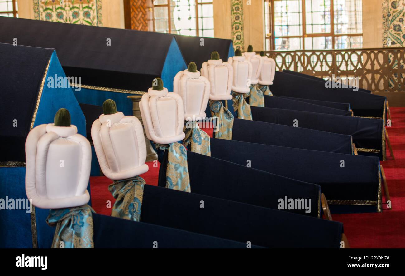 Rows of coffins in an ottoman turkish mausoleum tomb Stock Photo - Alamy