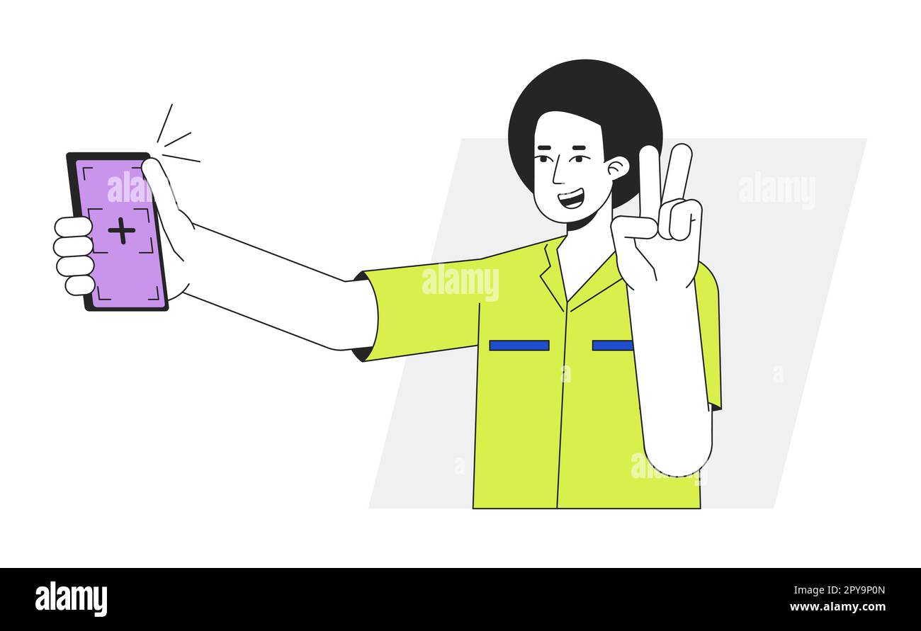 Guy with victory gesture posing for selfie flat line vector spot ...