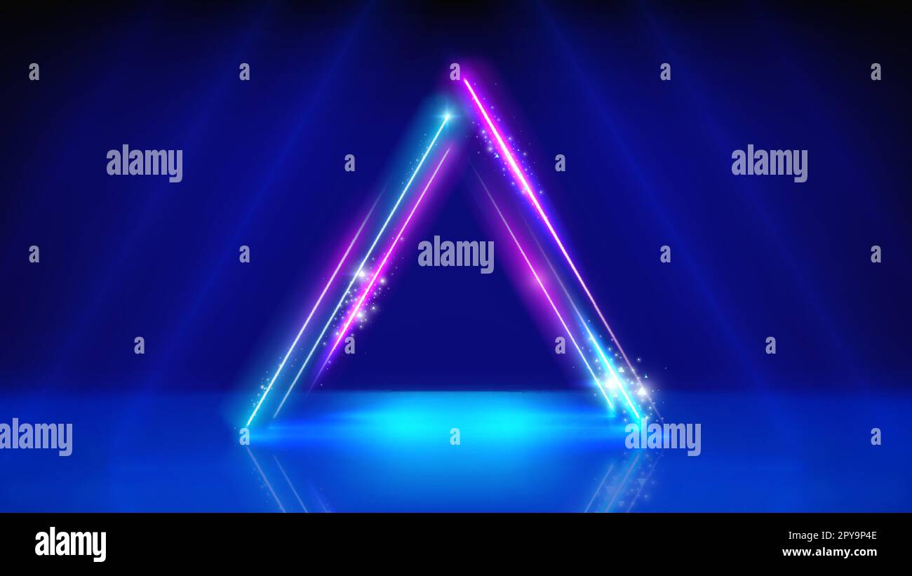 Neon triangular frame, led triangle arch, light lines. Glowing sparkling triangle. Stage ...