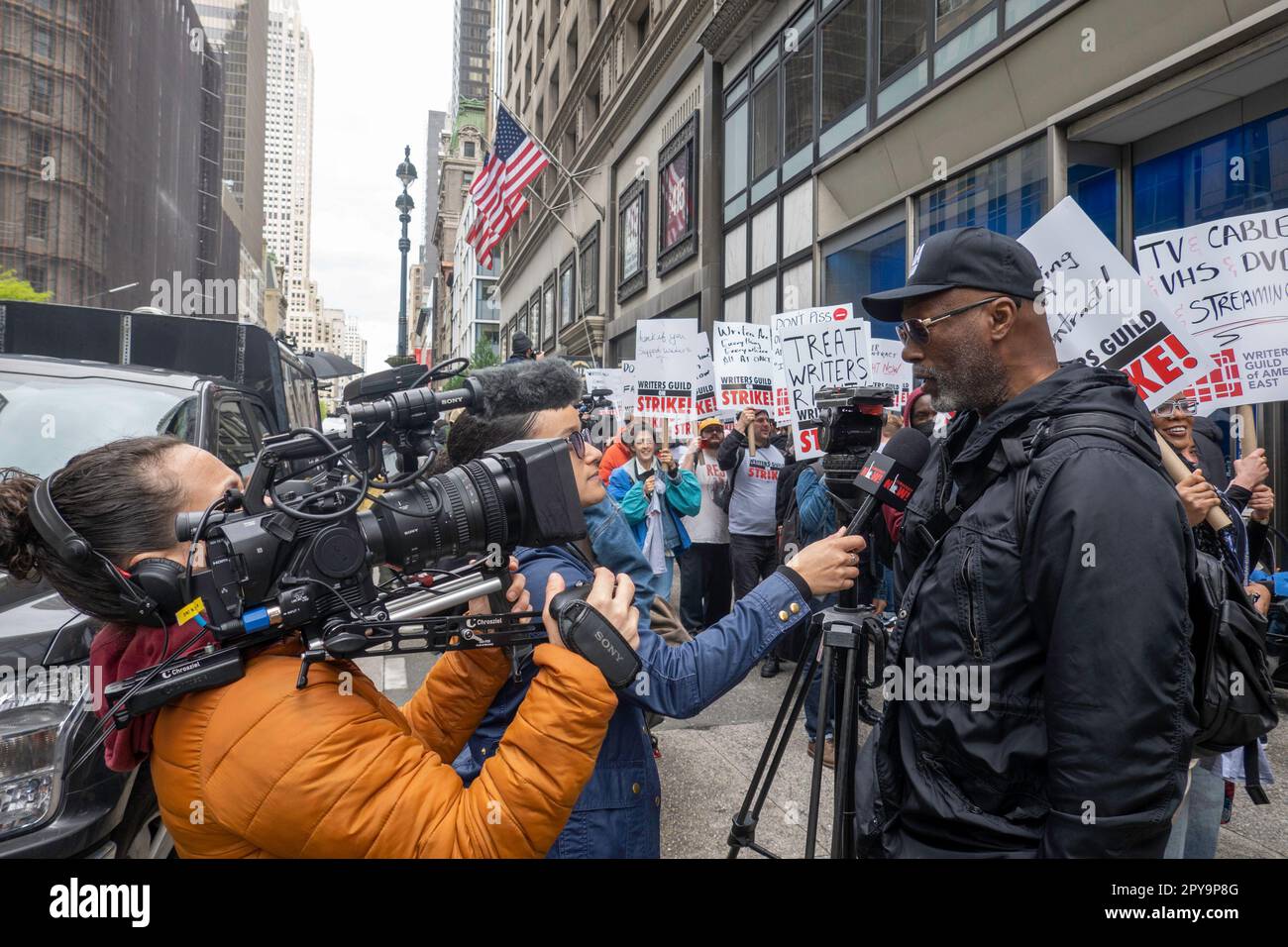 Press coverage is high for the Writers Guild of America's strike, 2023, New York City, United ...