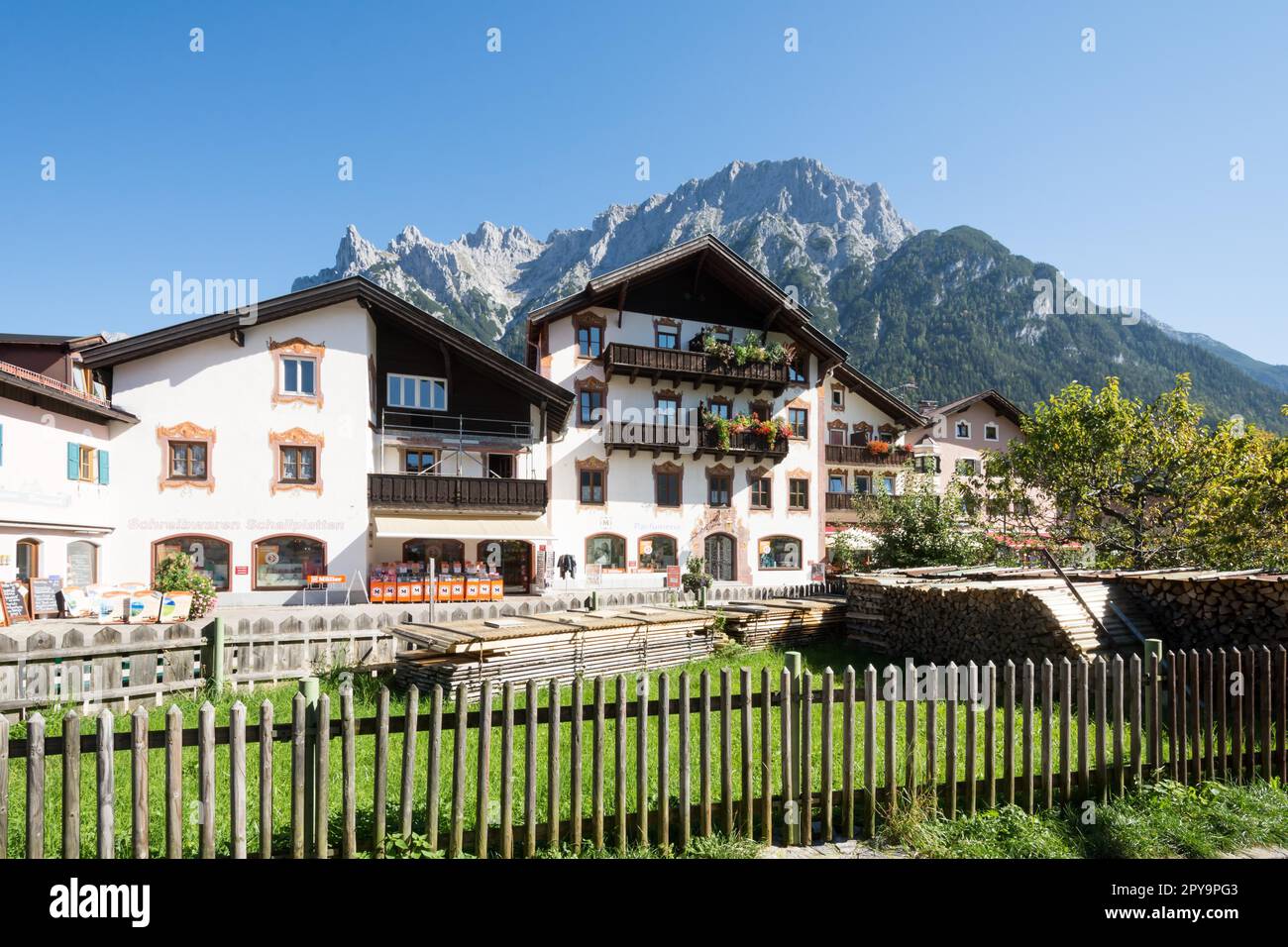 MITTENWALD, GERMANY - SEPTEMBER 27: Shops in the village of Mittenwald ...