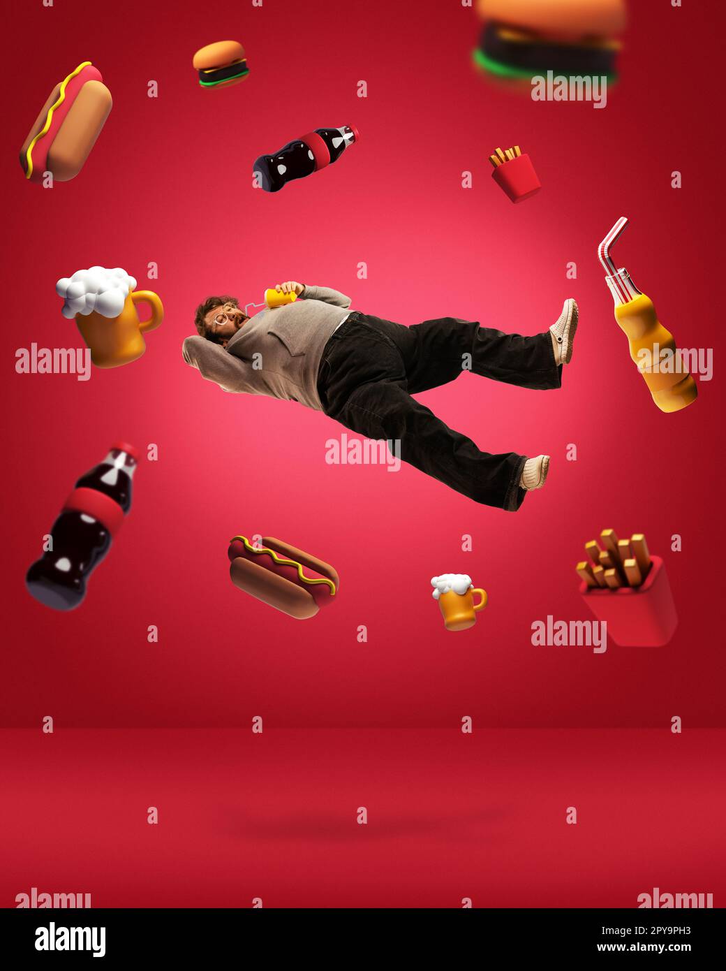 Contemporary art collage with adult overweight man dreaming about junk ...