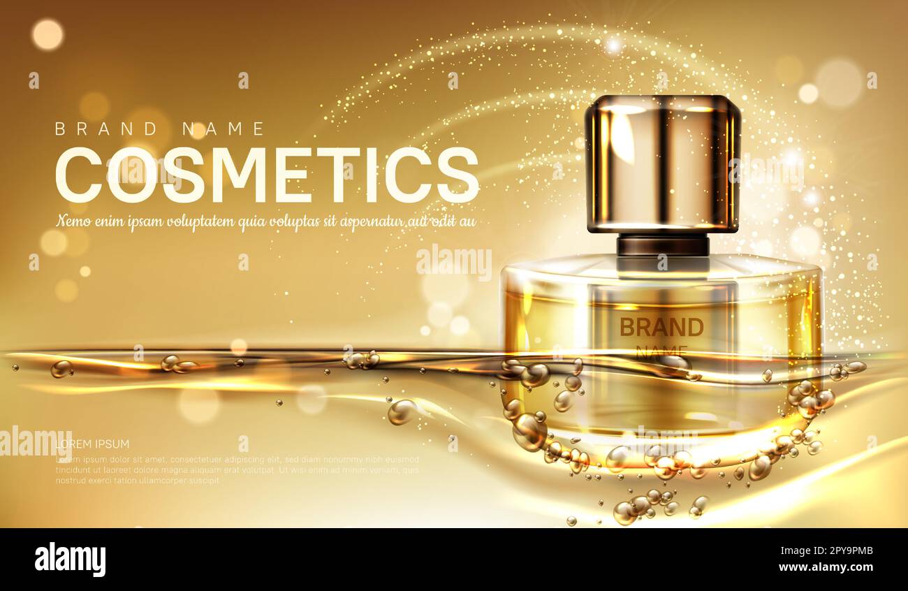 Oil perfume bottle with gold liquid on blurred sparkling background ...