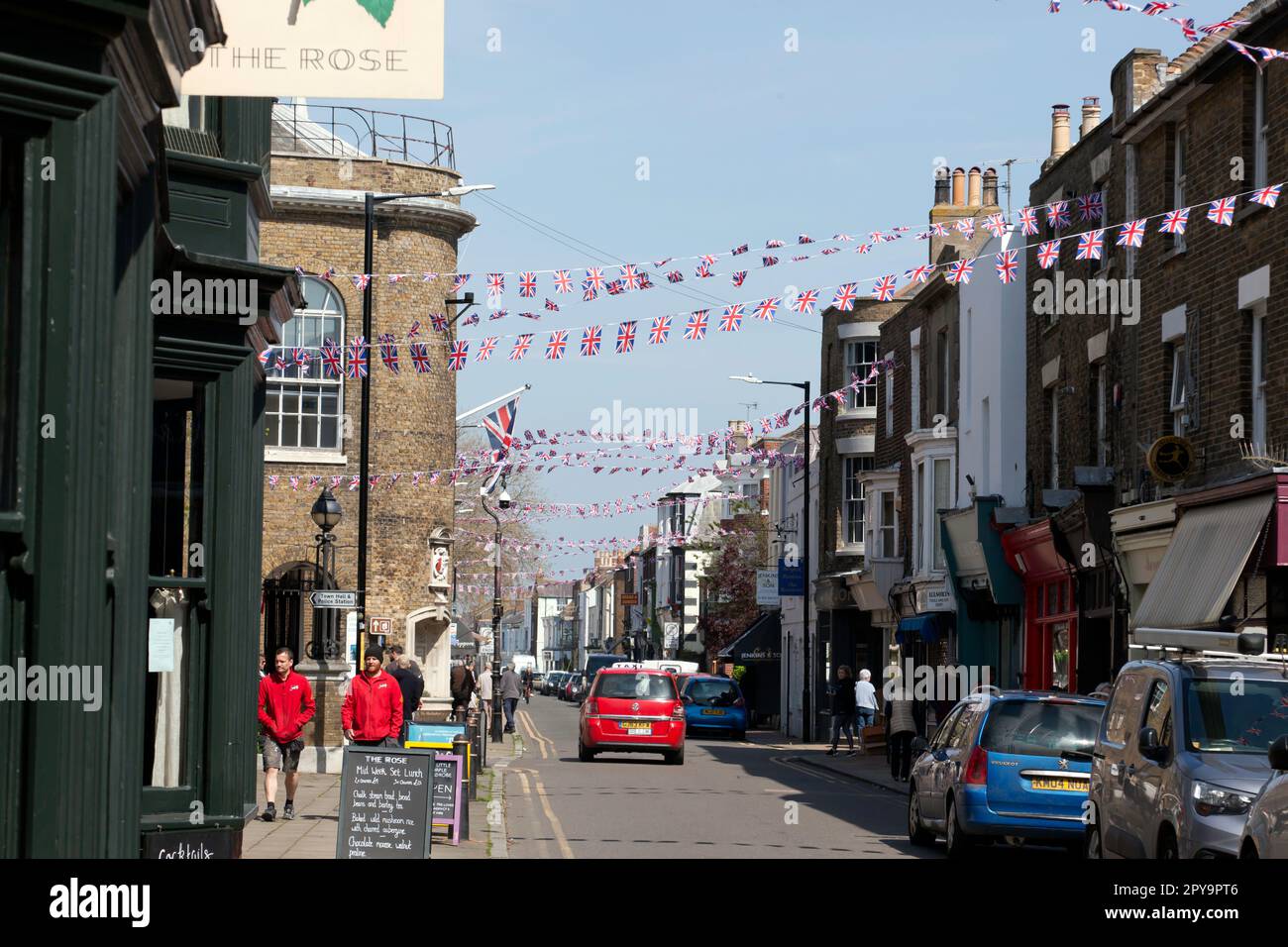 Union Jack Bunting flying in Deal High Street, in preparation for King ...