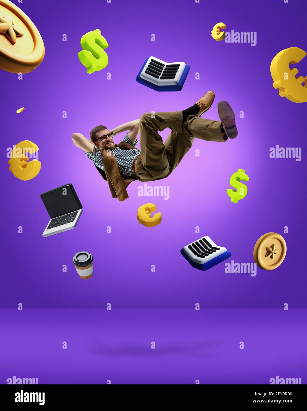 Contemporary art collage with man levitating among money, coins wants ...