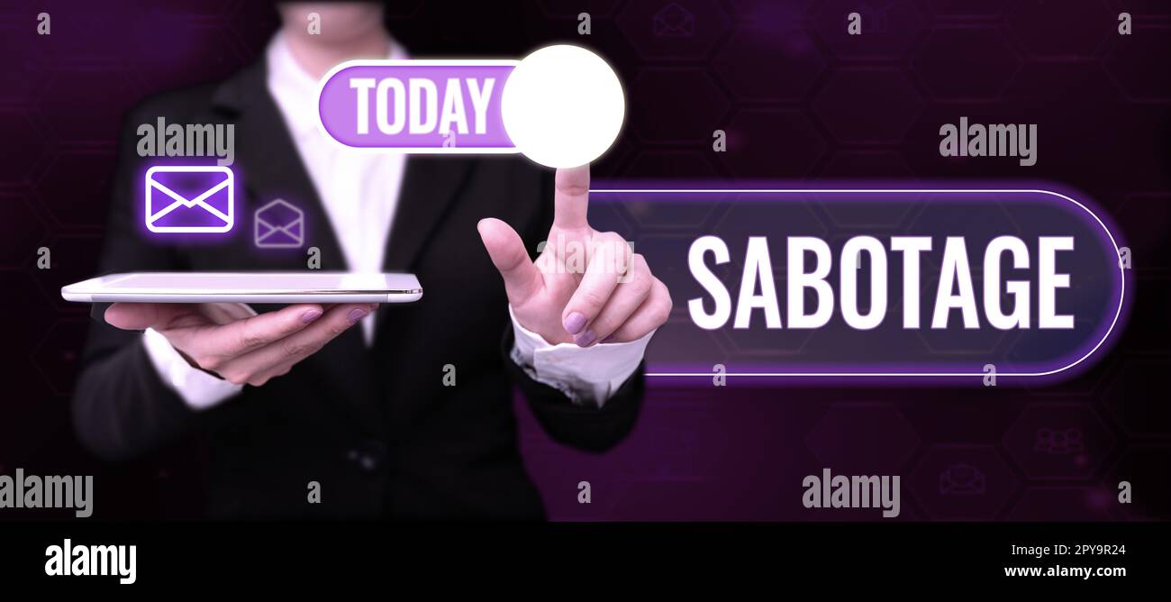 Text caption presenting Sabotage. Concept meaning destruction of an ...
