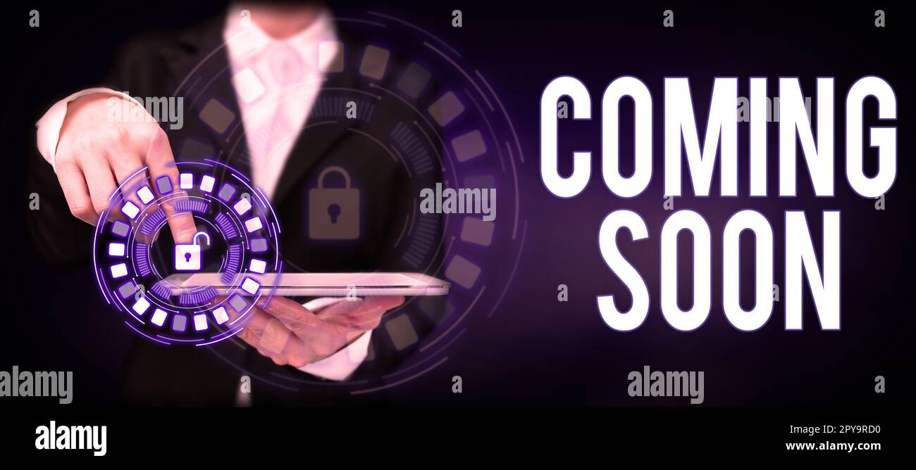 Hand writing sign Coming Soon. Concept meaning something is going to ...