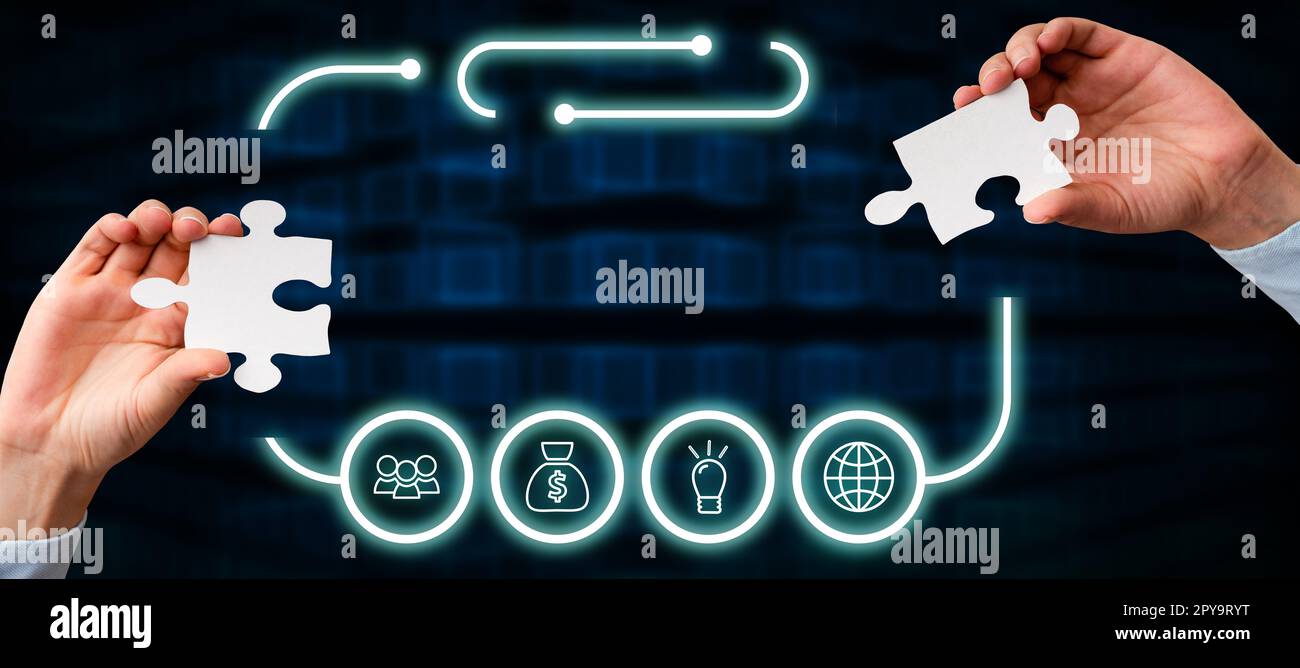 Two Hands Holding Jigsaw Puzzle Piece with New Futuristic Technologies ...