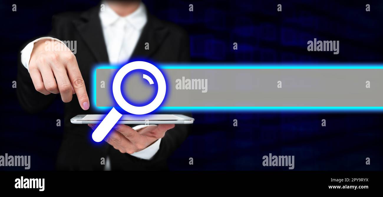 Lady In Office Suit Standing Pressing Virtual Button With Finger ...