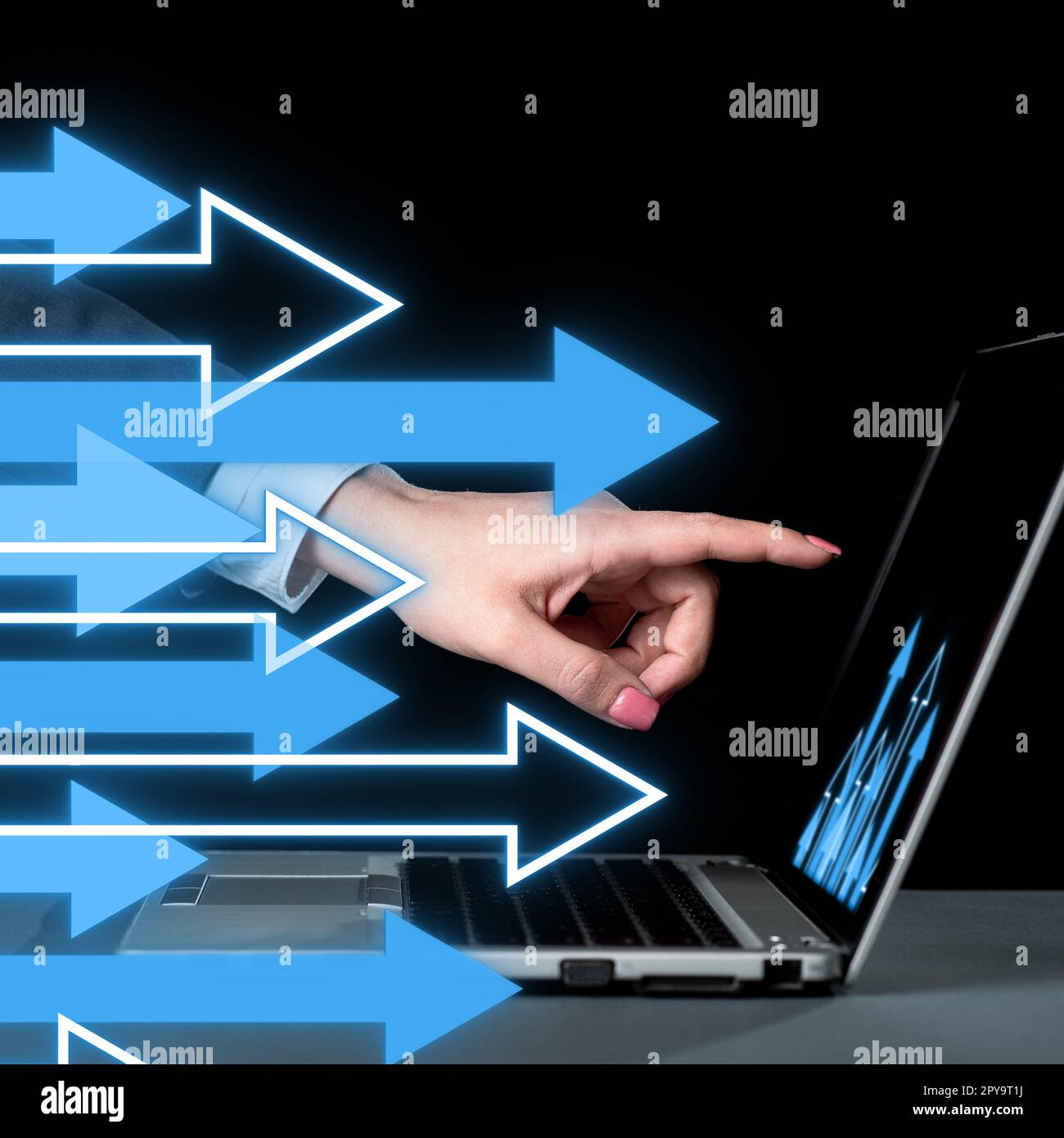 Finger pointing to laptop screen with important technology news. Businesswoman pressing virtual ...