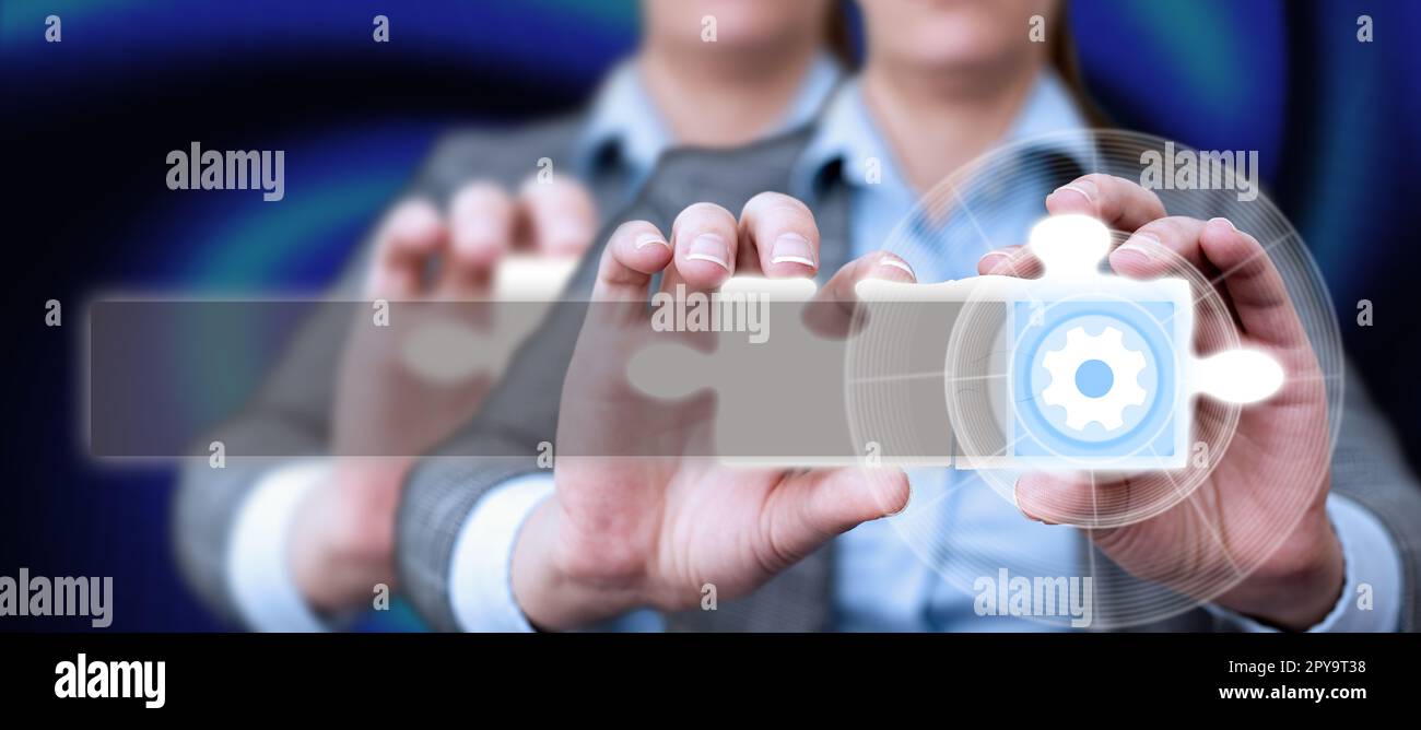 Lady in suit holding two puzzle pieces representing innovative thinking ...