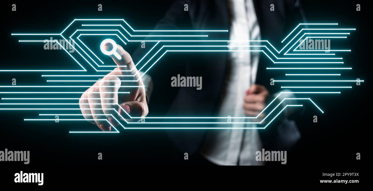 Lady In Suit Standing Pointing On virtual button. Showing Futuristic ...