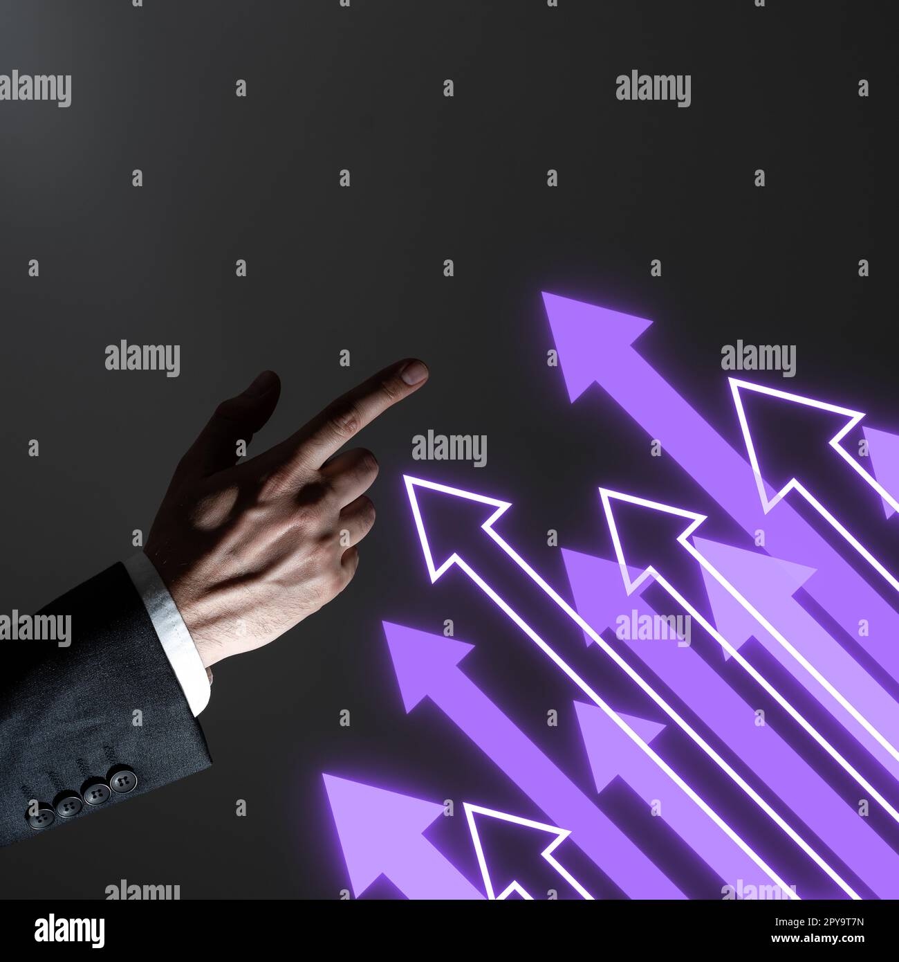 Finger pressing virtual button. Futuristic style image with colored glow. Man pointing to main ...