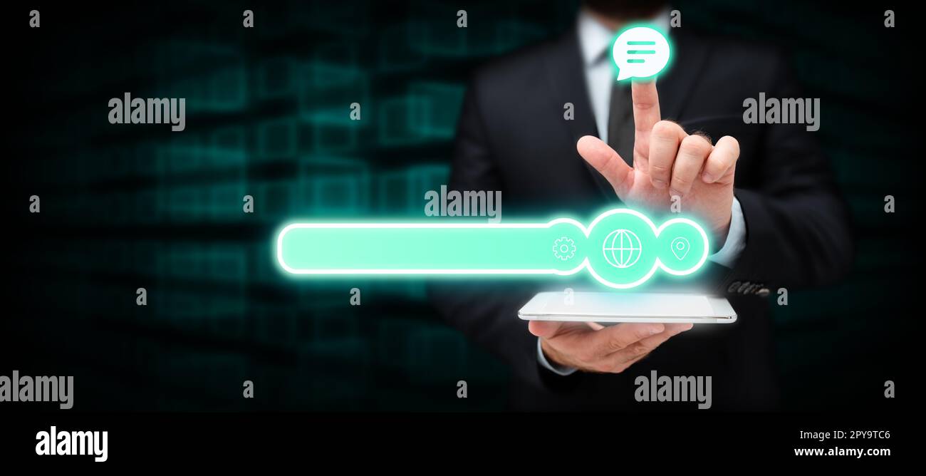 Man in office suit holding tablet and press virtual button with finder ...
