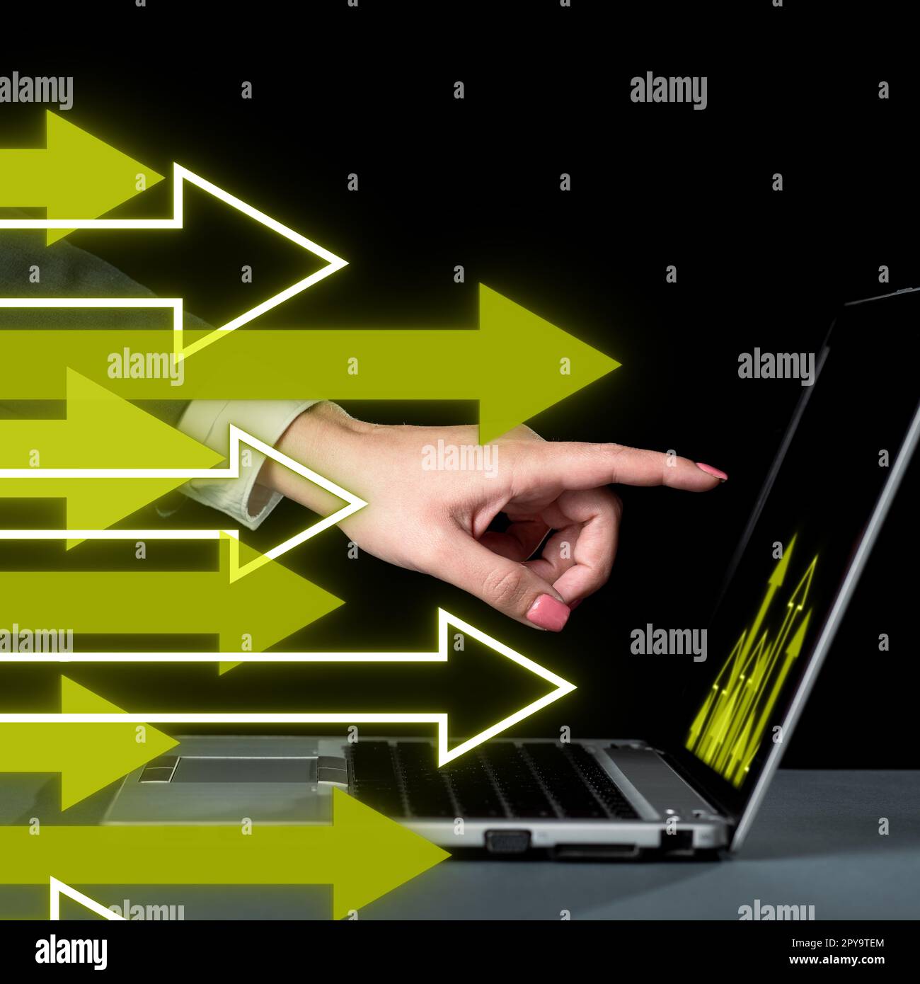 Finger pointing to laptop screen with important technology news ...